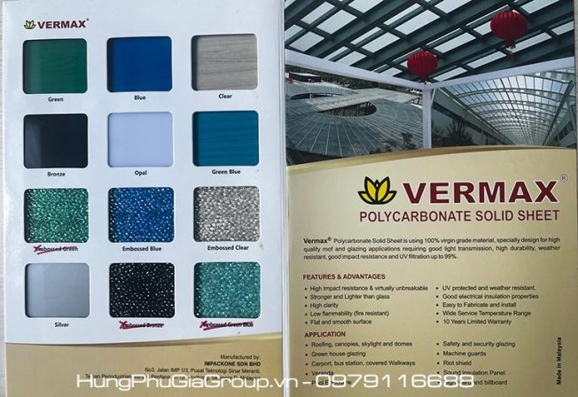 Tấm Polycarbonate đặc ruột VERMAX - Malaysia - Hưng Phú Gia Group